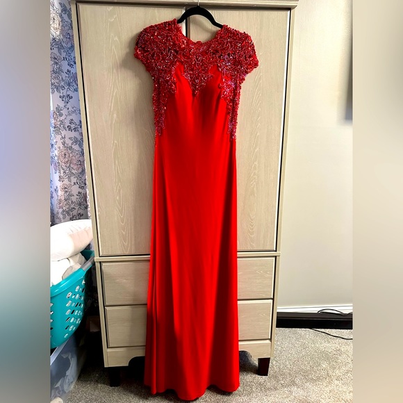 Dresses | Gorgeous Beaded Red Dress Capped Sleeve Long Size 6 | Poshmark